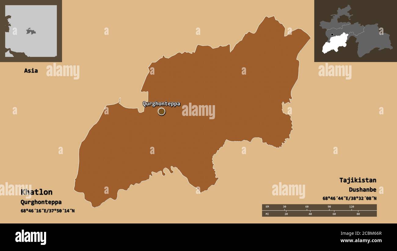 Shape of Khatlon, region of Tajikistan, and its capital. Distance scale ...