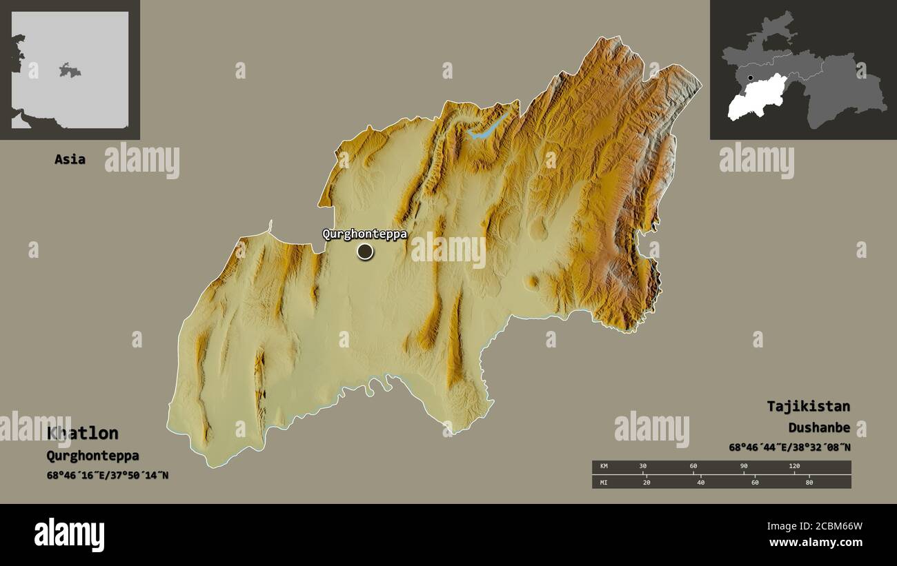 Shape of Khatlon, region of Tajikistan, and its capital. Distance scale ...