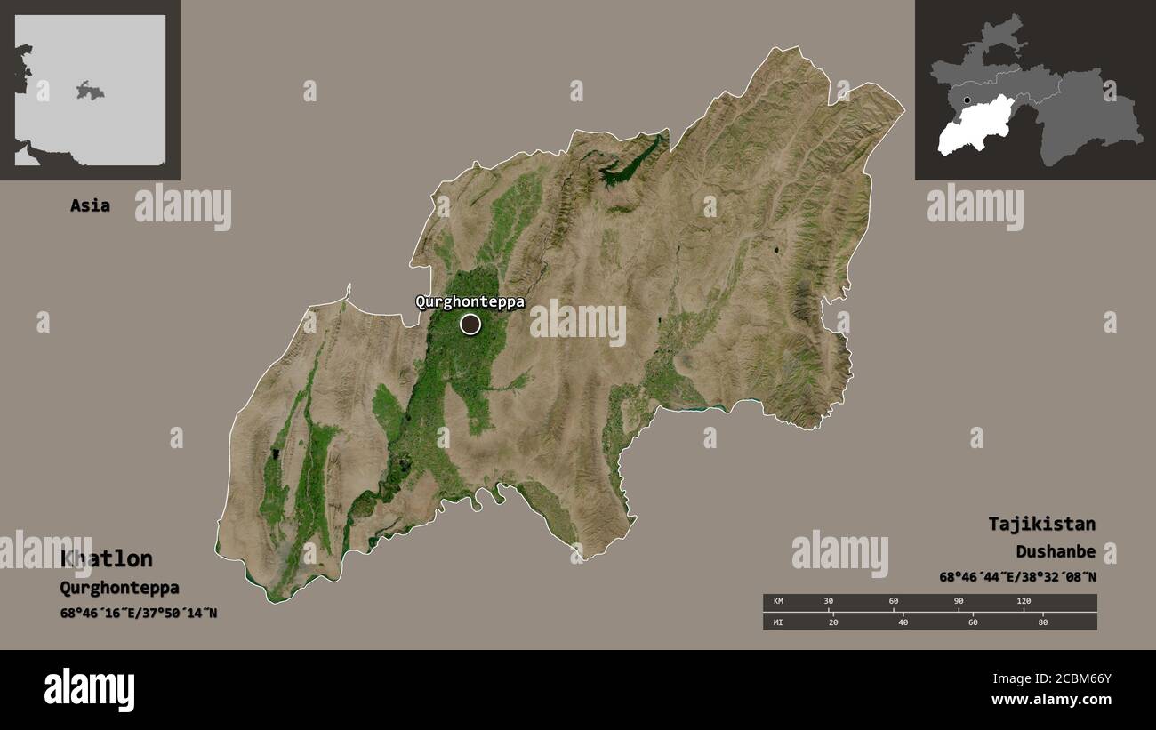 Shape of Khatlon, region of Tajikistan, and its capital. Distance scale ...