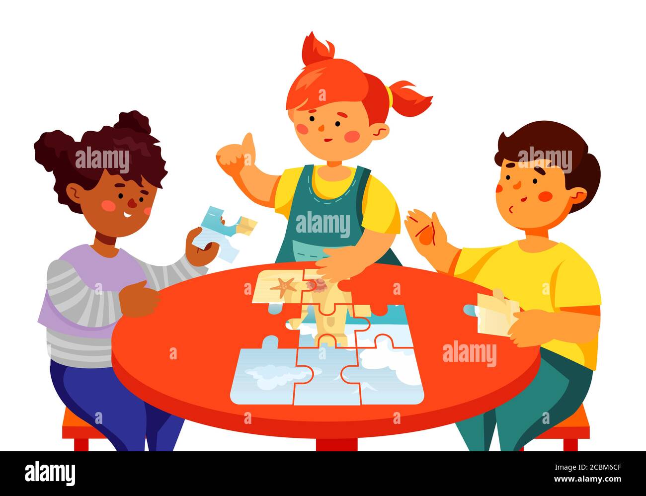 Children doing puzzle at table Stock Vector Images - Alamy