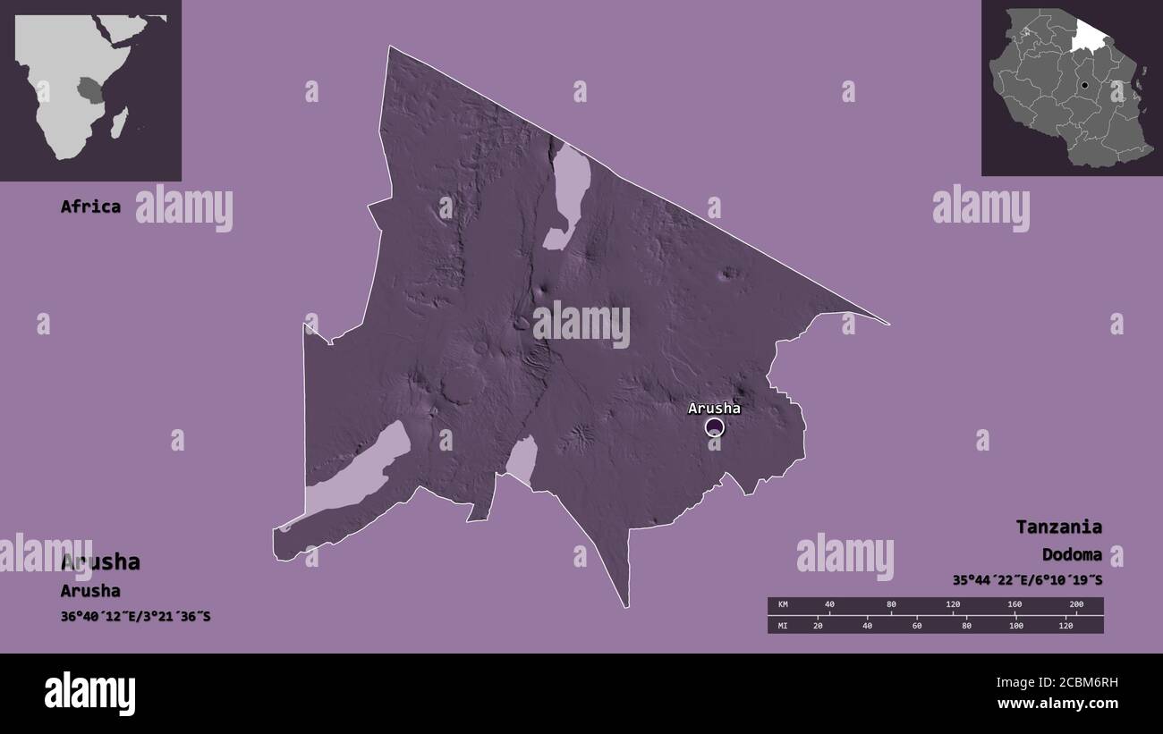 Shape of Arusha, region of Tanzania, and its capital. Distance scale ...