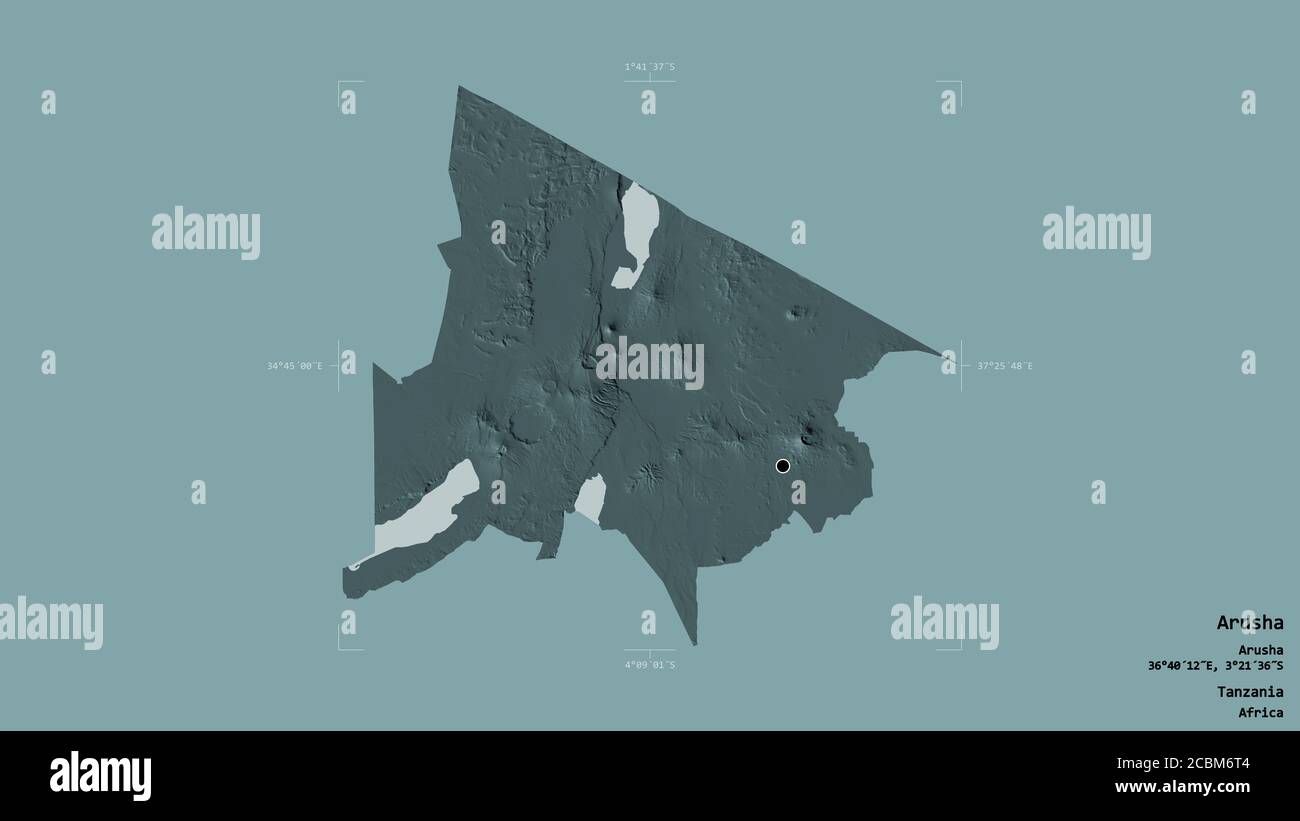 Area of Arusha, region of Tanzania, isolated on a solid background in a ...