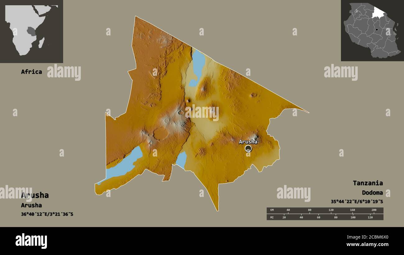 Shape of Arusha, region of Tanzania, and its capital. Distance scale ...
