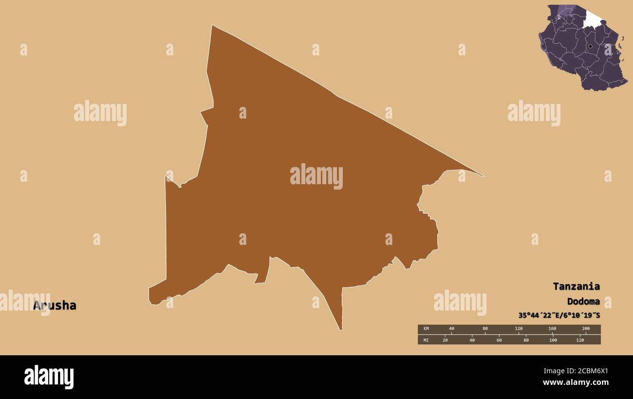 Shape of Arusha, region of Tanzania, with its capital isolated on solid ...