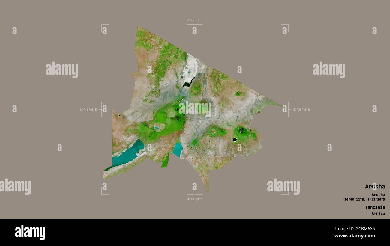 Area of Arusha, region of Tanzania, isolated on a solid background in a ...