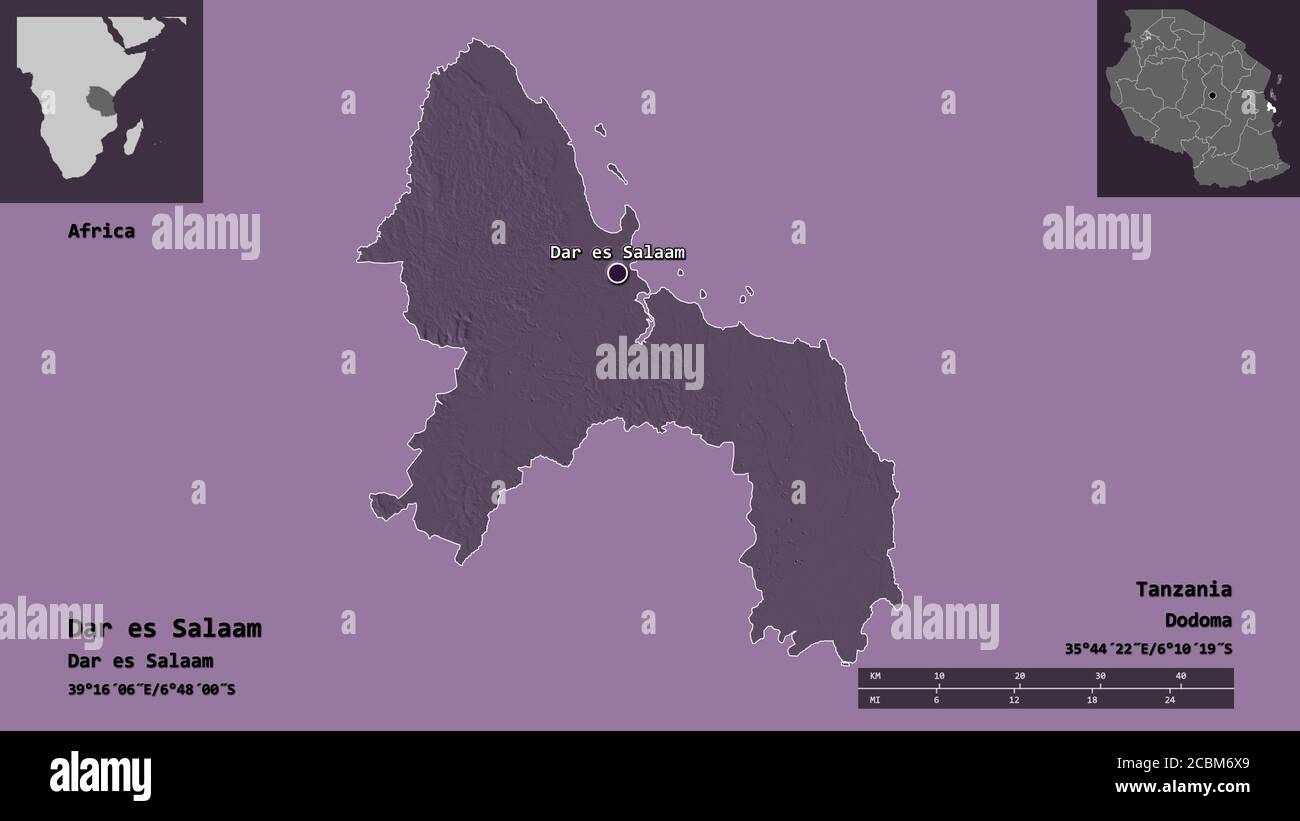 Shape of Dar es Salaam, region of Tanzania, and its capital. Distance ...