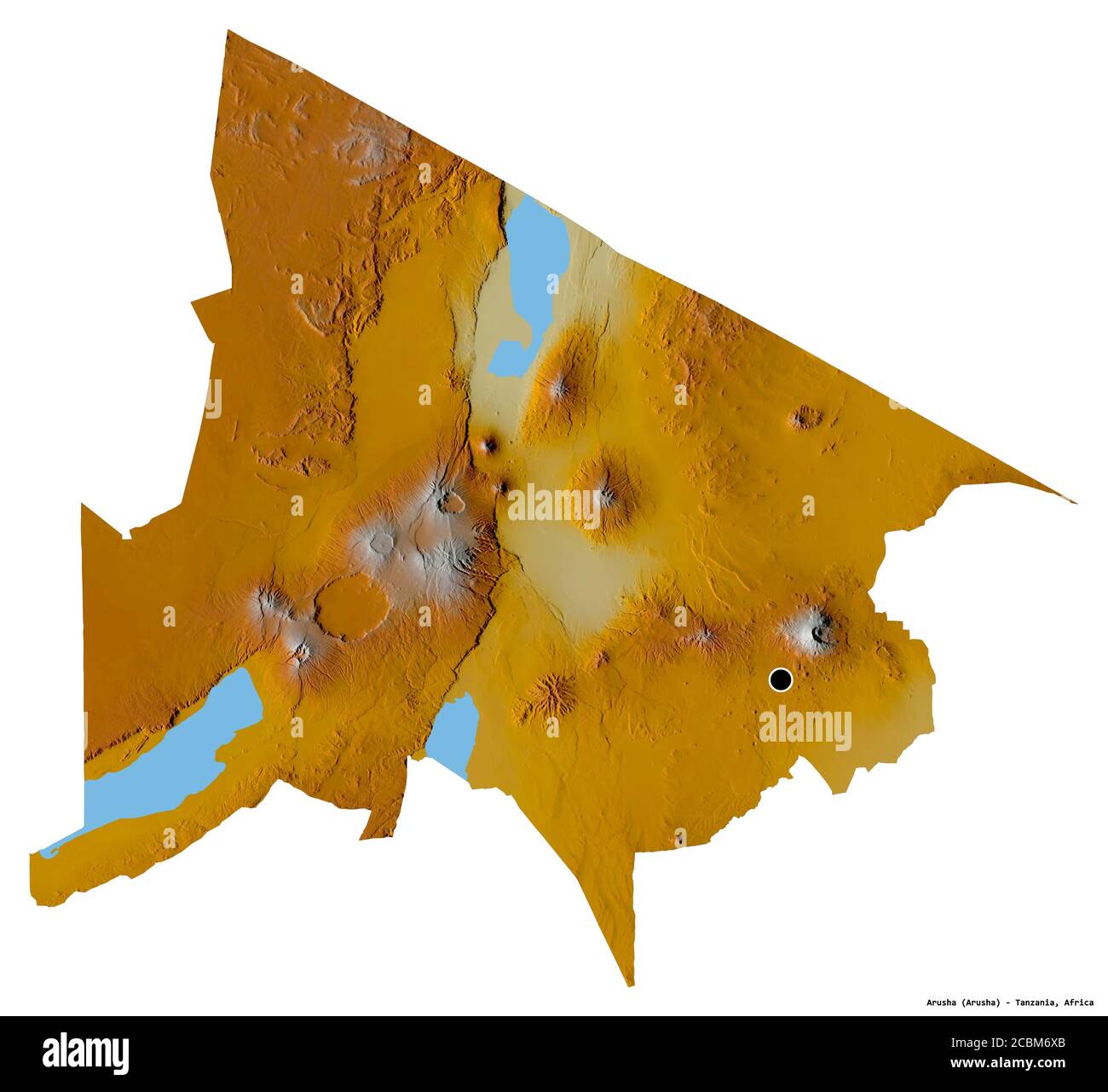 Shape of Arusha, region of Tanzania, with its capital isolated on white ...