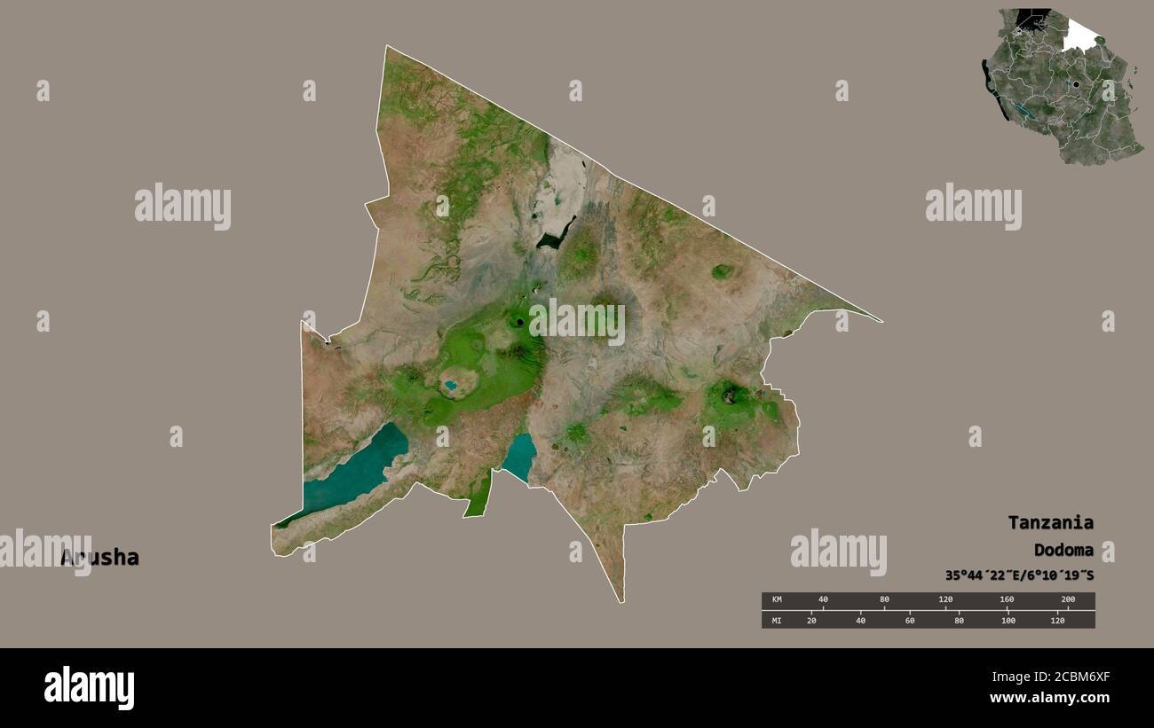 Shape of Arusha, region of Tanzania, with its capital isolated on solid ...