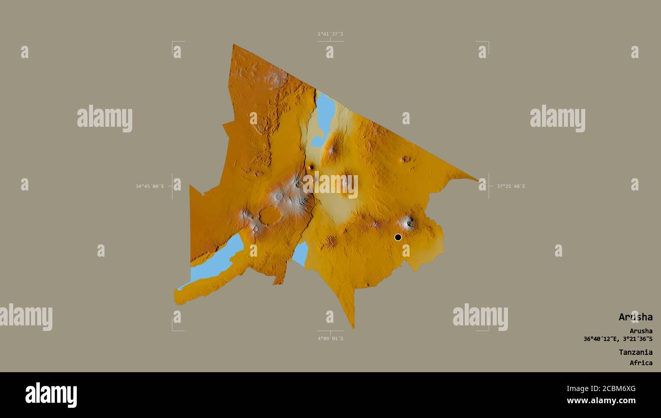 Area of Arusha, region of Tanzania, isolated on a solid background in a ...