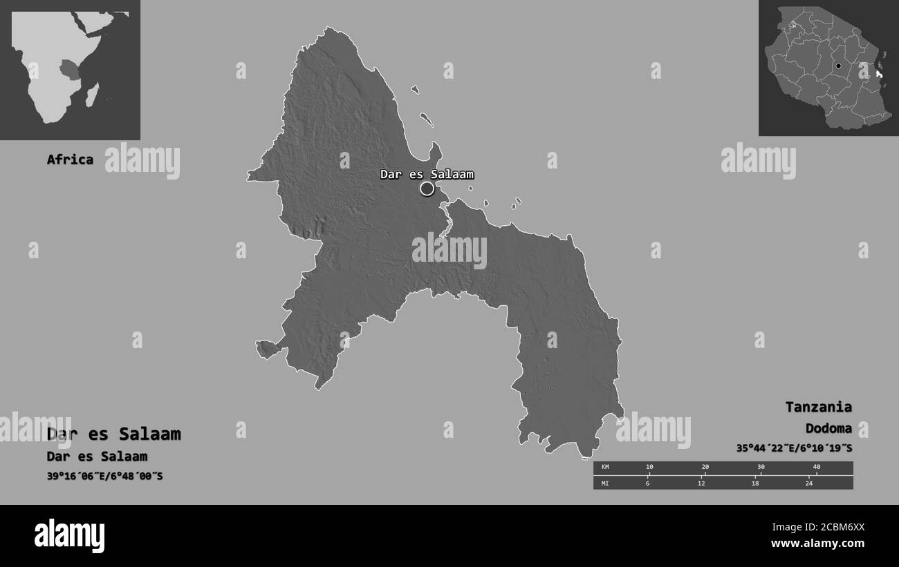 Shape of Dar es Salaam, region of Tanzania, and its capital. Distance ...