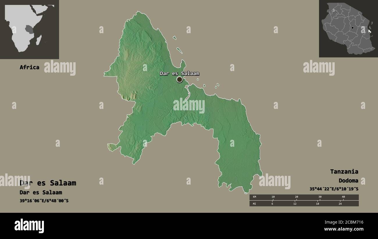 Shape of Dar es Salaam, region of Tanzania, and its capital. Distance ...