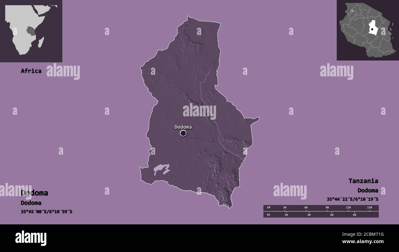 Shape of Dodoma, region of Tanzania, and its capital. Distance scale ...
