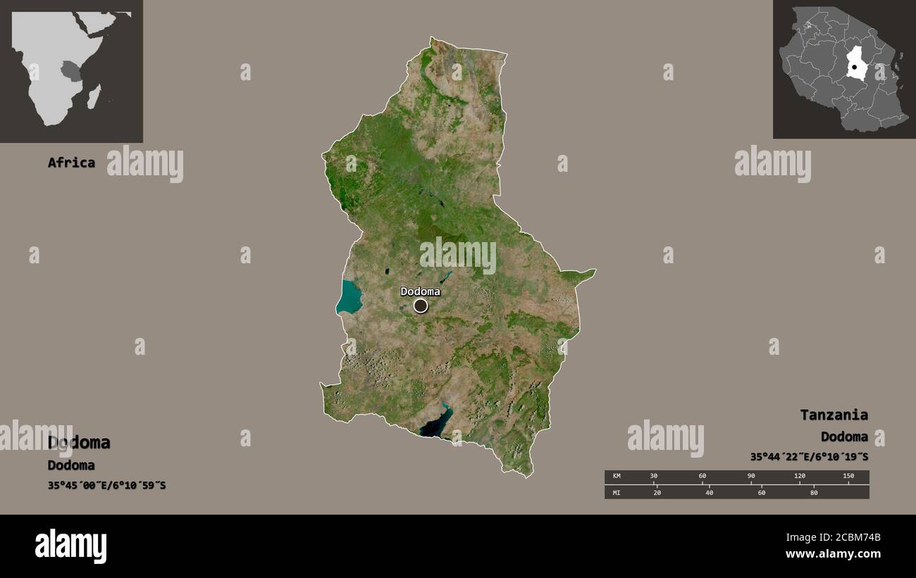 Shape of Dodoma, region of Tanzania, and its capital. Distance scale ...