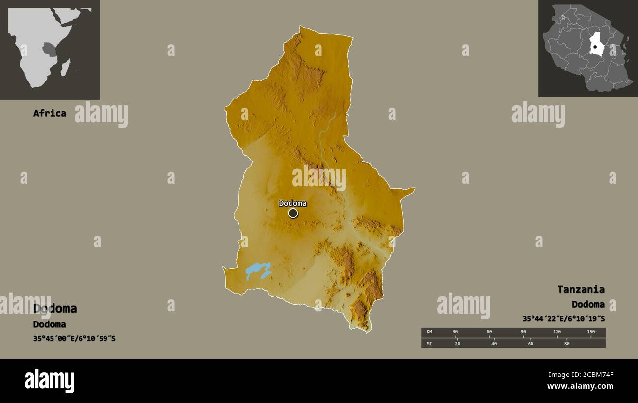 Shape of Dodoma, region of Tanzania, and its capital. Distance scale ...