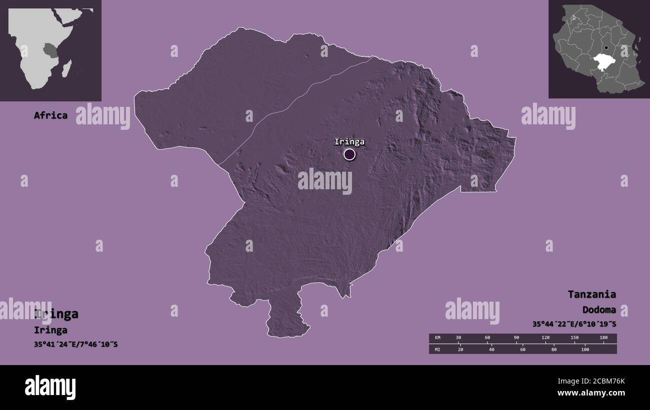 Shape of Iringa, region of Tanzania, and its capital. Distance scale ...