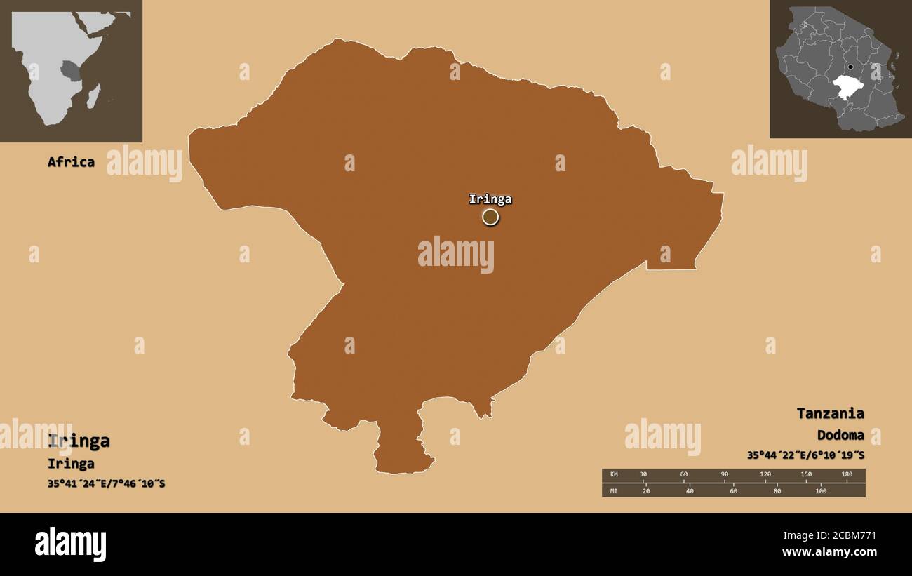 Shape of Iringa, region of Tanzania, and its capital. Distance scale ...