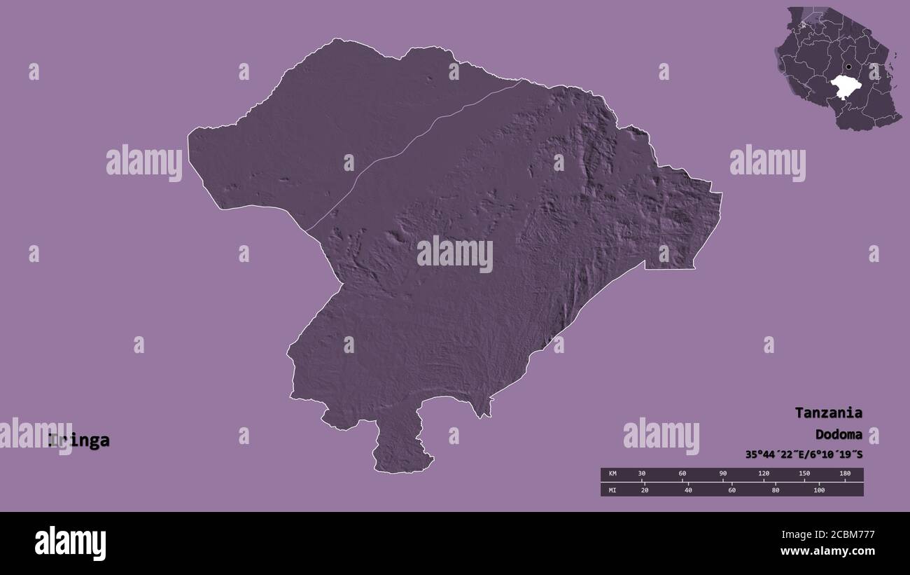 Shape of Iringa, region of Tanzania, with its capital isolated on solid ...
