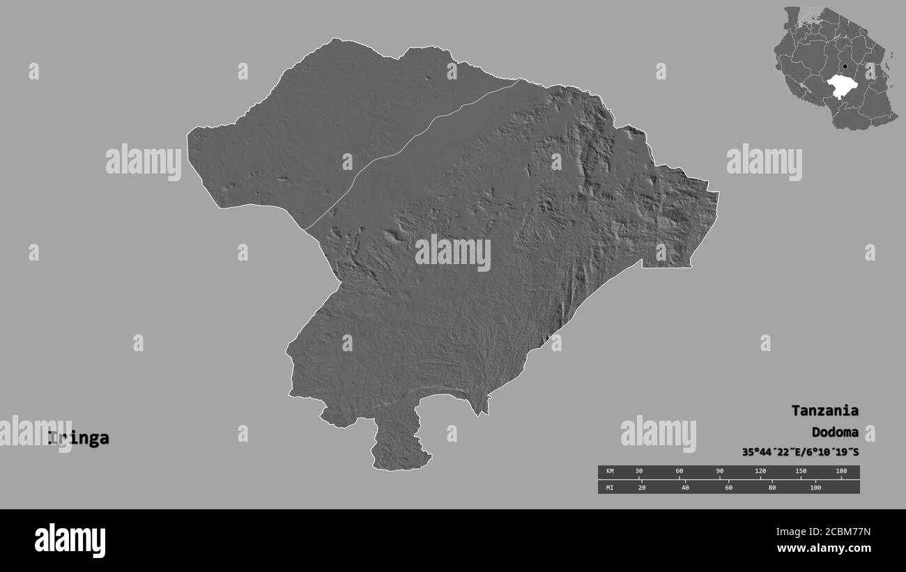 Shape of Iringa, region of Tanzania, with its capital isolated on solid ...