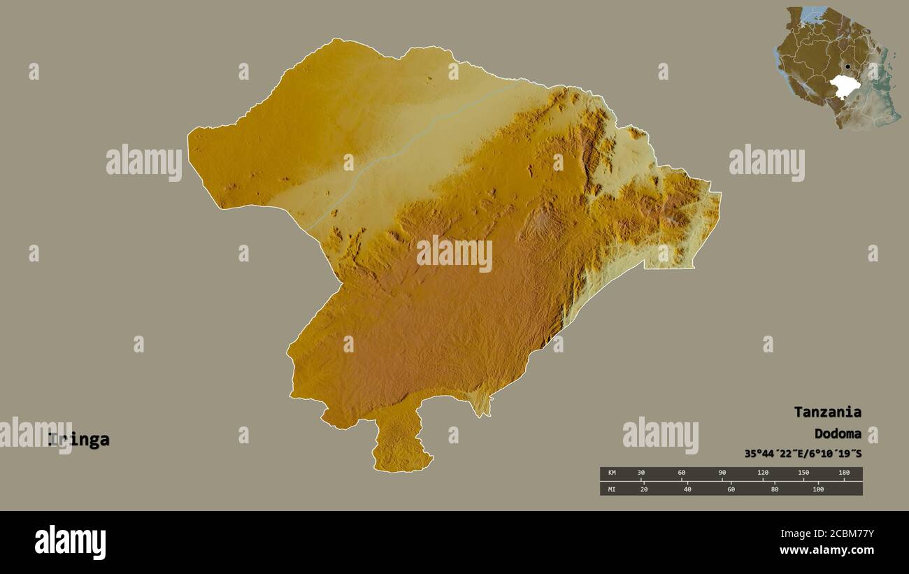 Shape of Iringa, region of Tanzania, with its capital isolated on solid ...