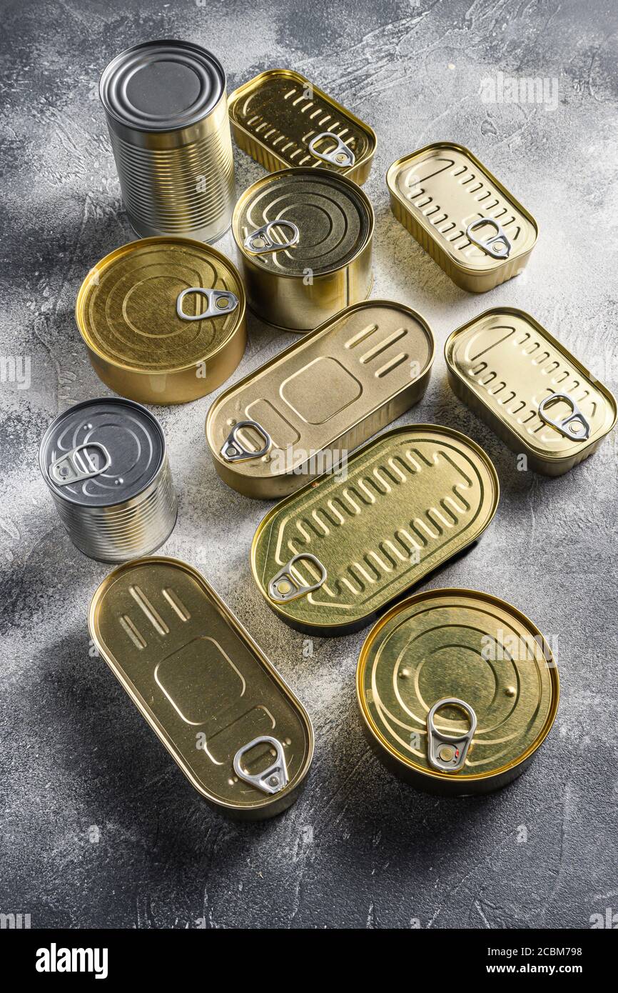 Assortment of cans of canned with different types of shapes top view on ...