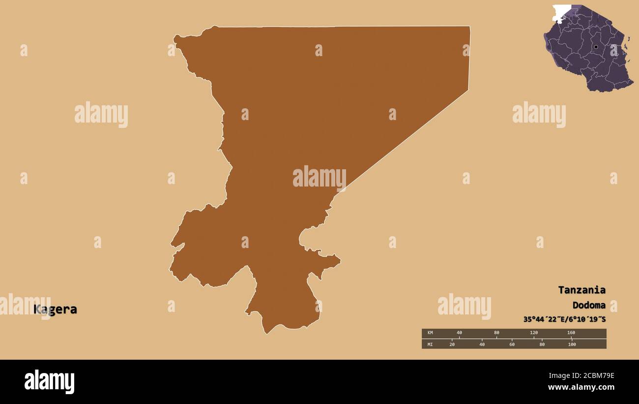 Shape of Kagera, region of Tanzania, with its capital isolated on solid ...