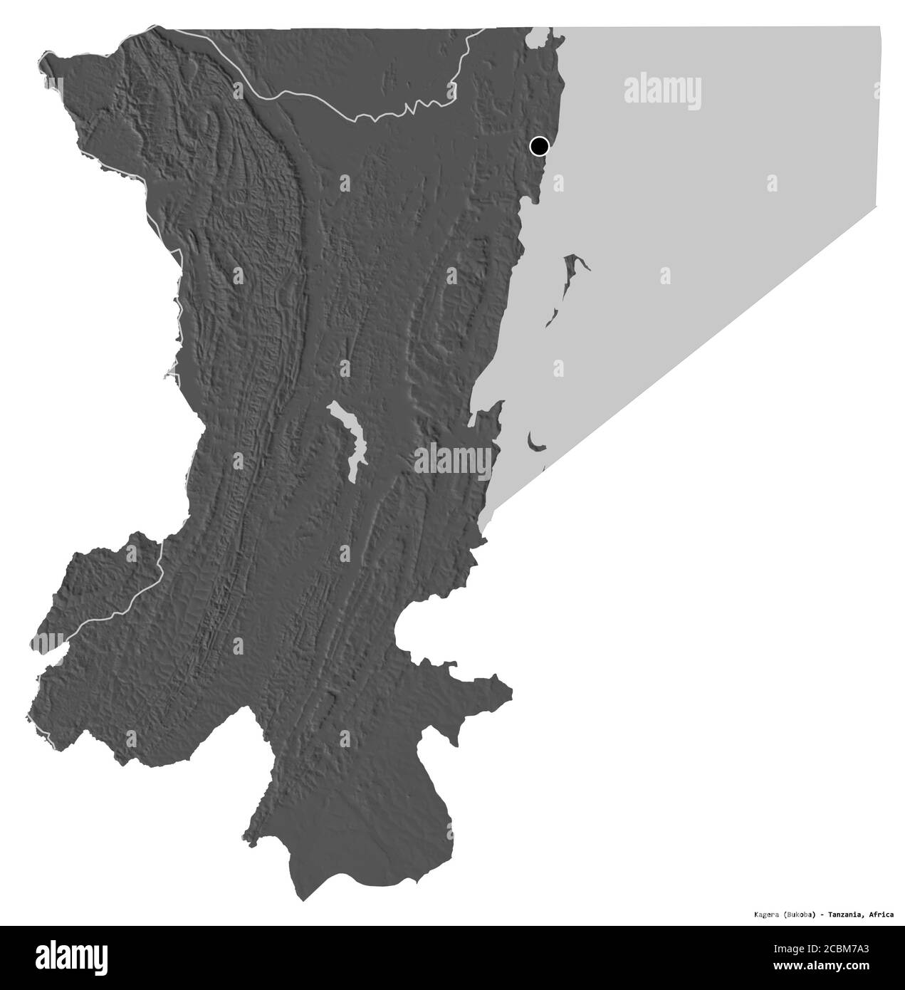 Shape of Kagera, region of Tanzania, with its capital isolated on white ...