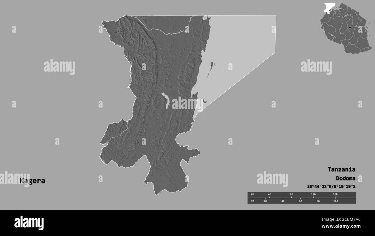 Shape of Kagera, region of Tanzania, with its capital isolated on solid ...