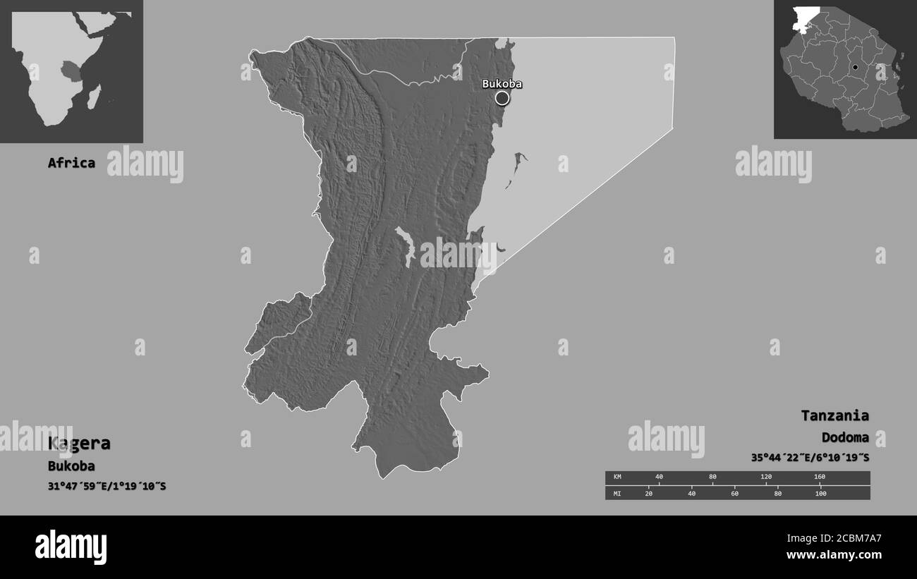 Shape of Kagera, region of Tanzania, and its capital. Distance scale ...