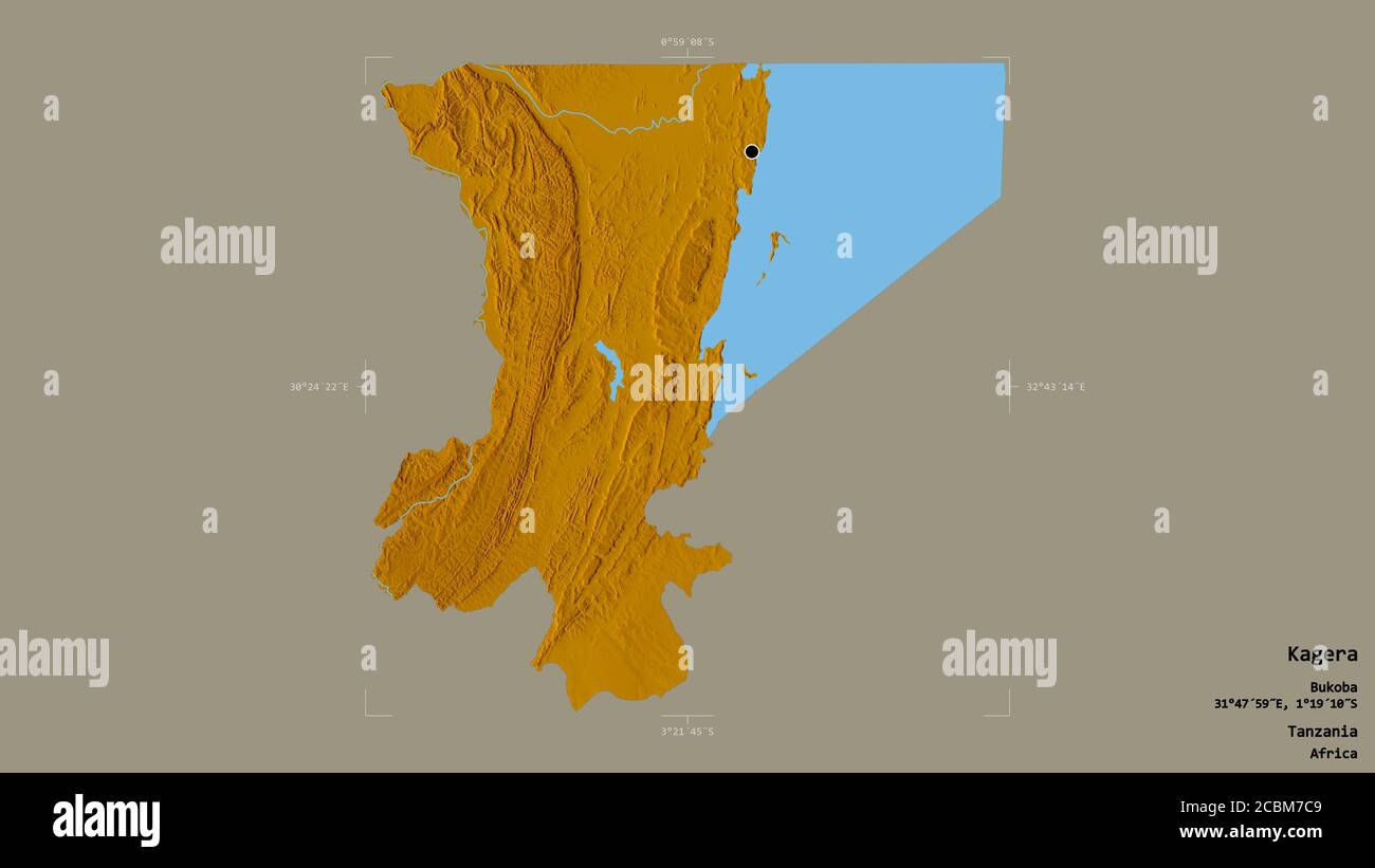 Area of Kagera, region of Tanzania, isolated on a solid background in a ...