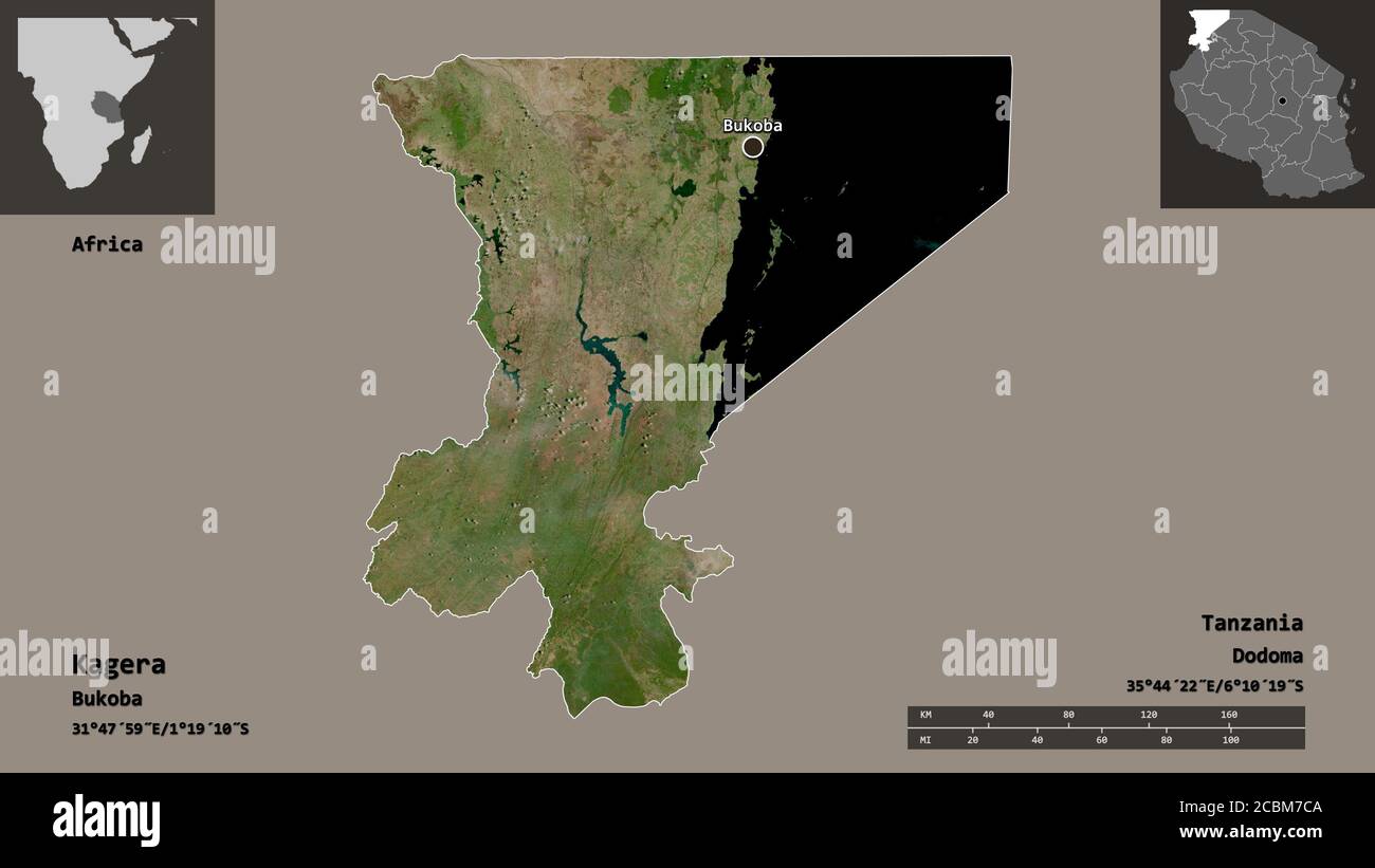Shape of Kagera, region of Tanzania, and its capital. Distance scale ...