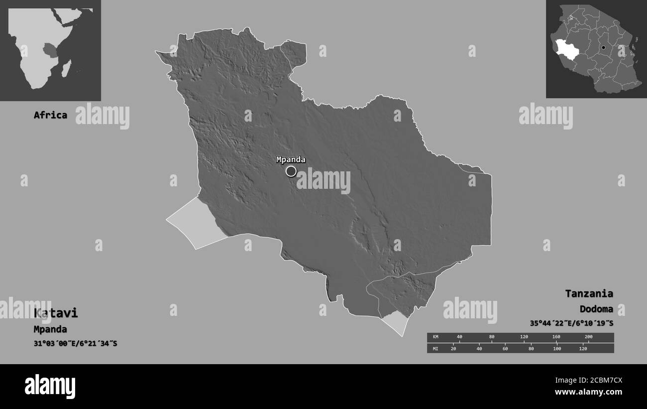 Shape of Katavi, region of Tanzania, and its capital. Distance scale ...