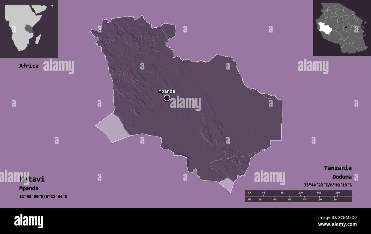 Shape of Katavi, region of Tanzania, and its capital. Distance scale ...