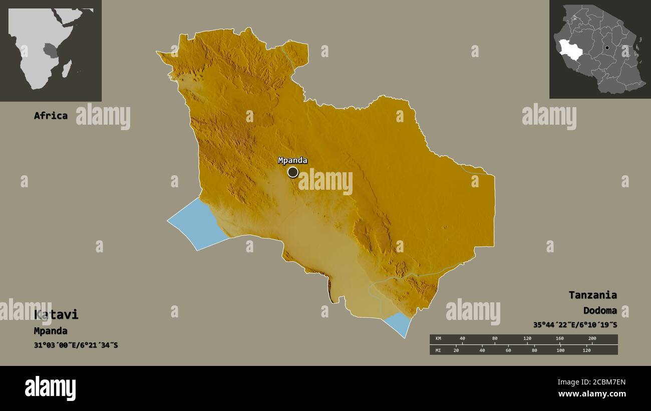 Shape of Katavi, region of Tanzania, and its capital. Distance scale ...