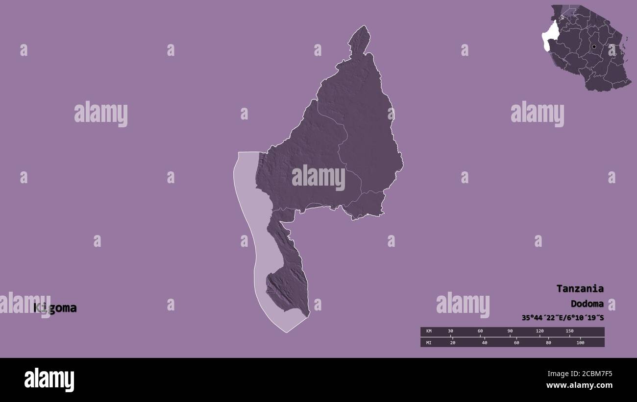 Shape of Kigoma, region of Tanzania, with its capital isolated on solid ...