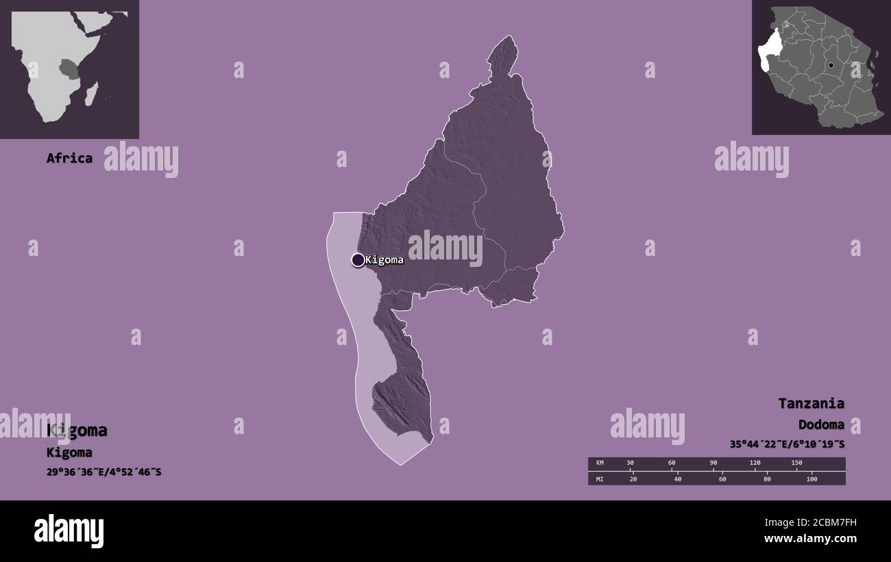 Shape of Kigoma, region of Tanzania, and its capital. Distance scale ...