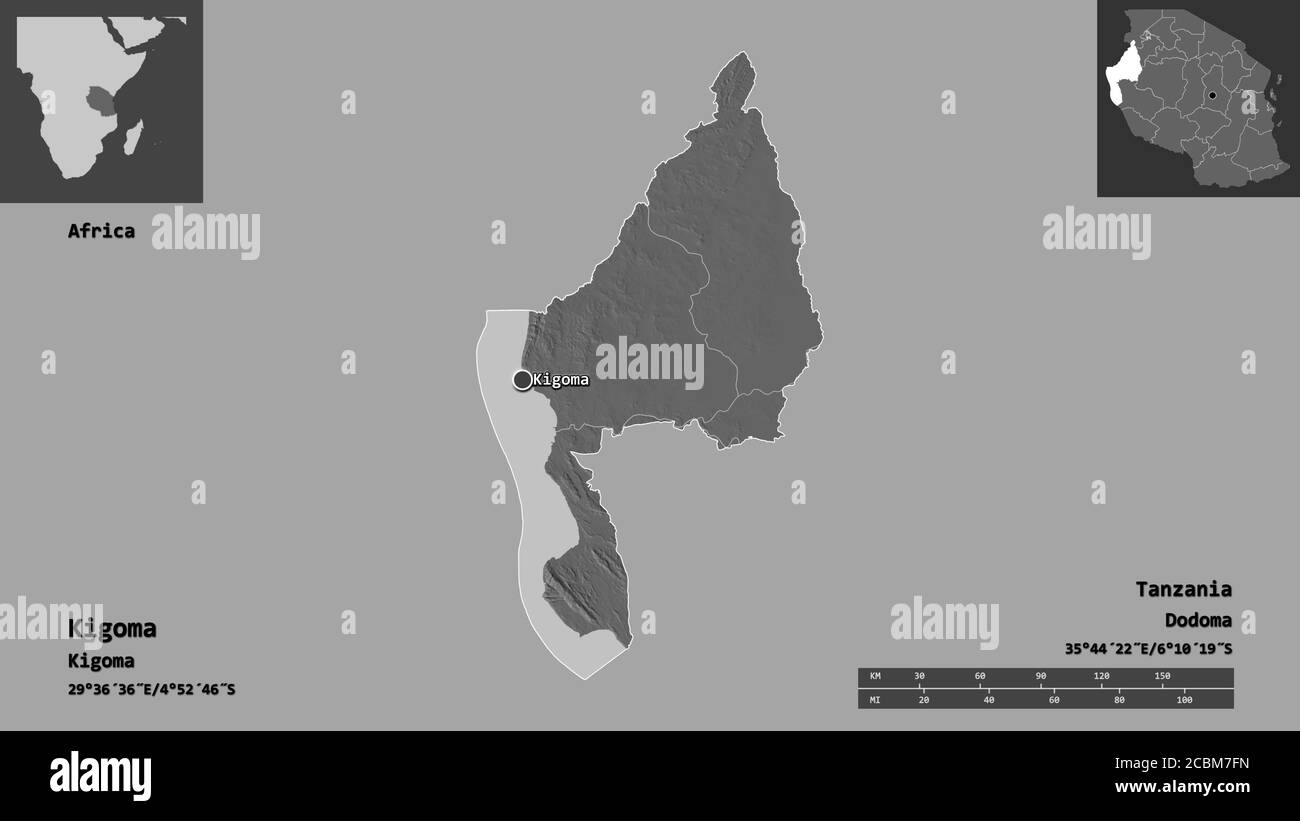 Shape of Kigoma, region of Tanzania, and its capital. Distance scale ...
