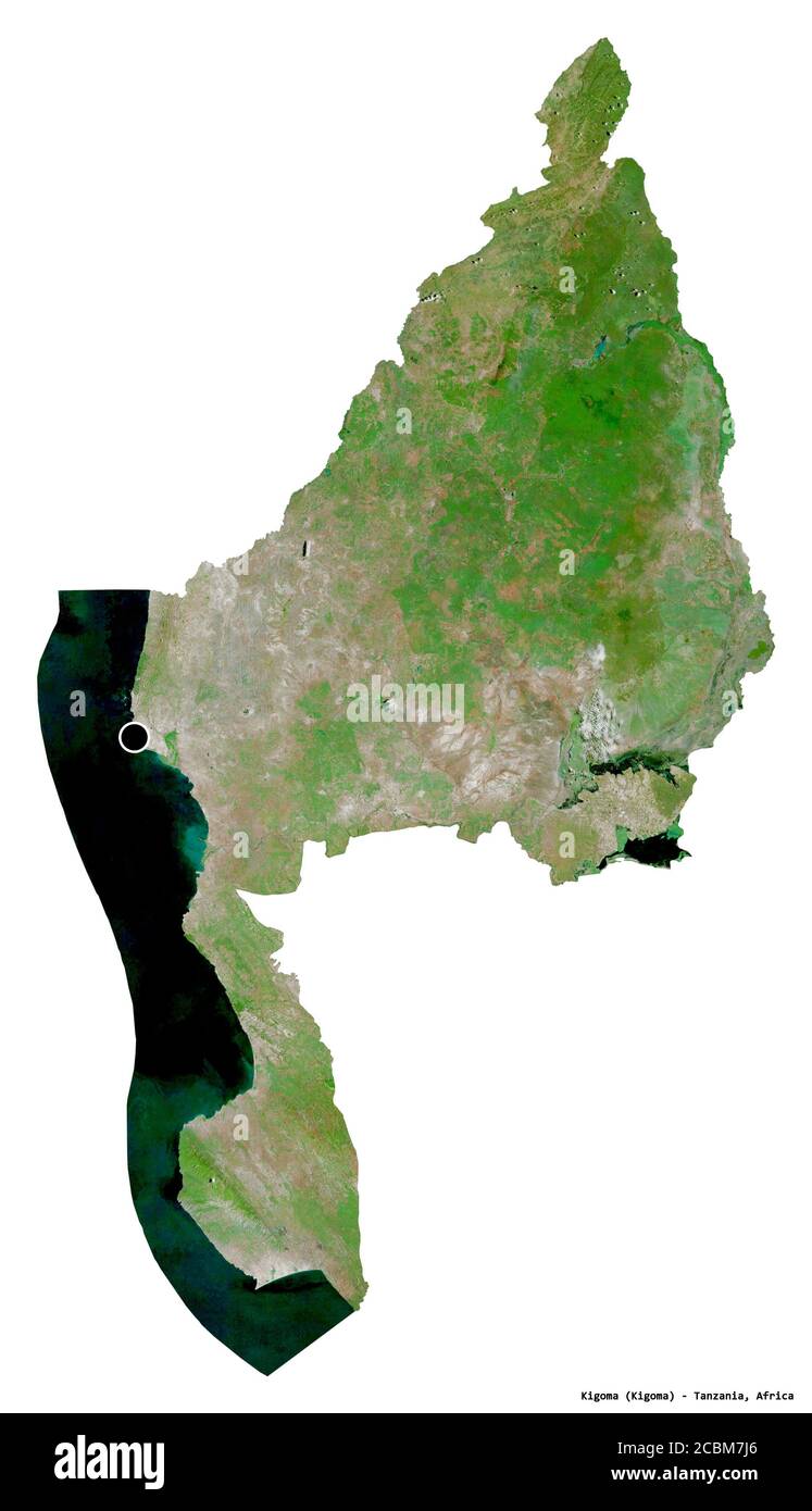 Shape of Kigoma, region of Tanzania, with its capital isolated on white ...
