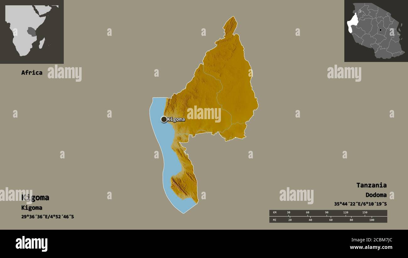 Shape of Kigoma, region of Tanzania, and its capital. Distance scale ...