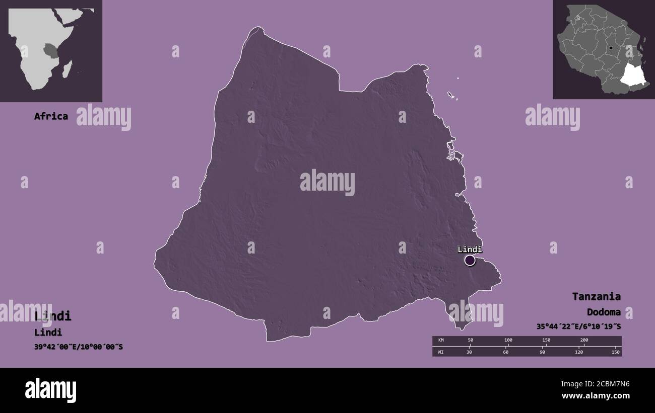 Shape of Lindi, region of Tanzania, and its capital. Distance scale ...