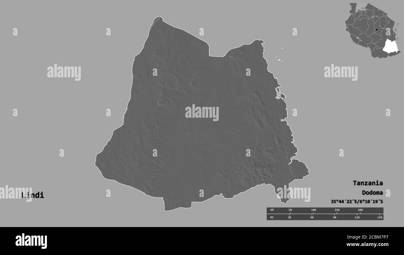 Shape of Lindi, region of Tanzania, with its capital isolated on solid ...