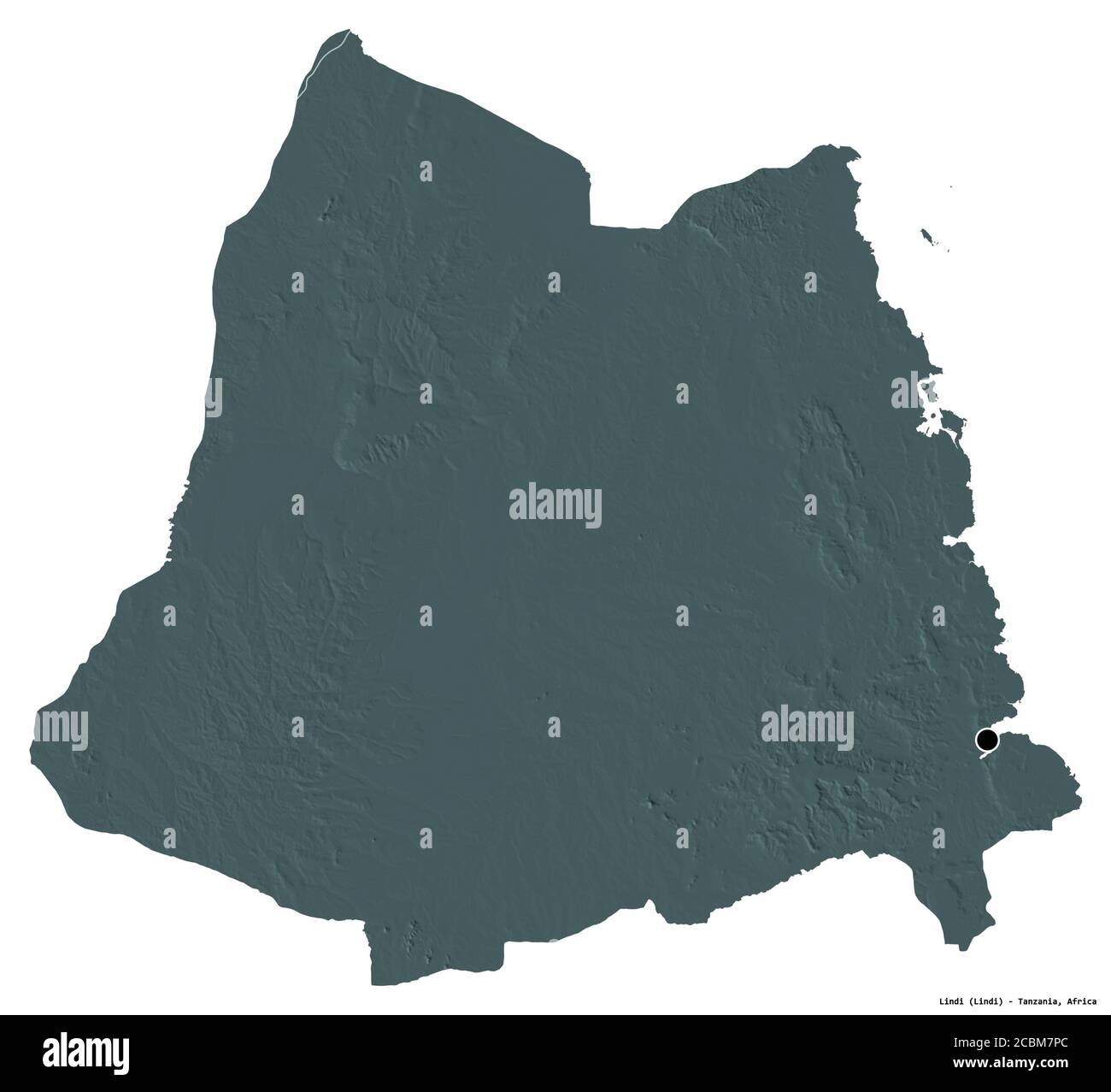 Shape of Lindi, region of Tanzania, with its capital isolated on white ...