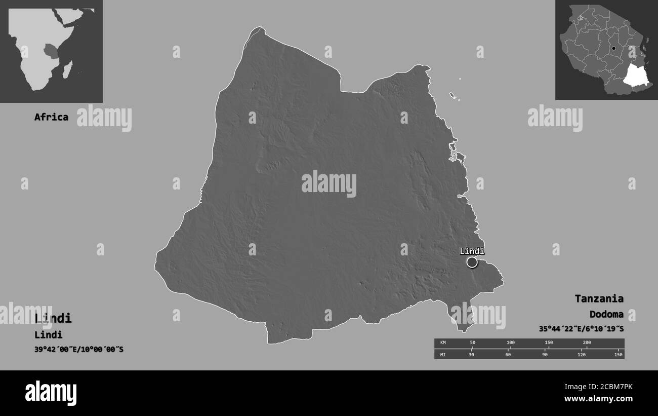 Shape of Lindi, region of Tanzania, and its capital. Distance scale ...