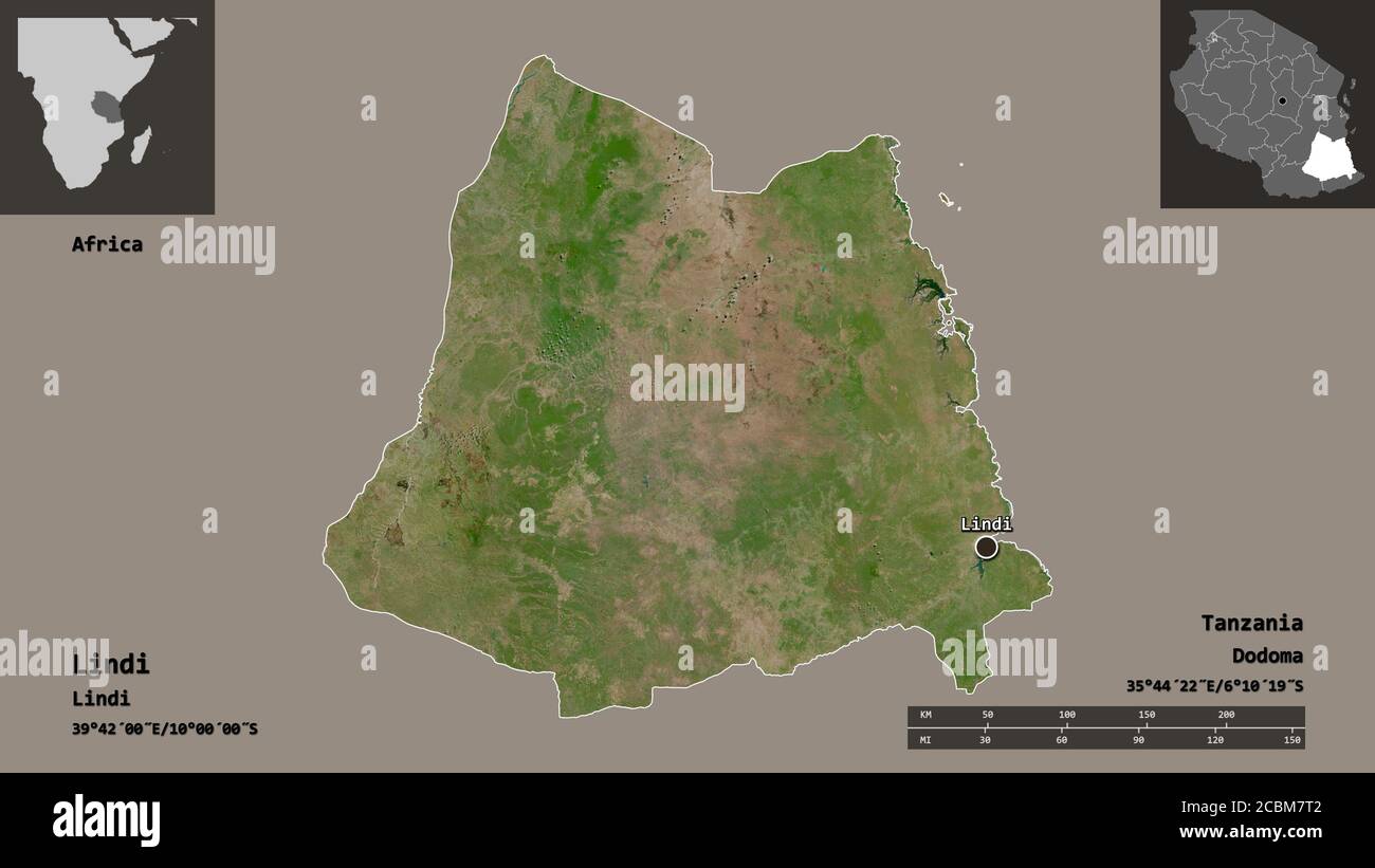 Shape of Lindi, region of Tanzania, and its capital. Distance scale ...