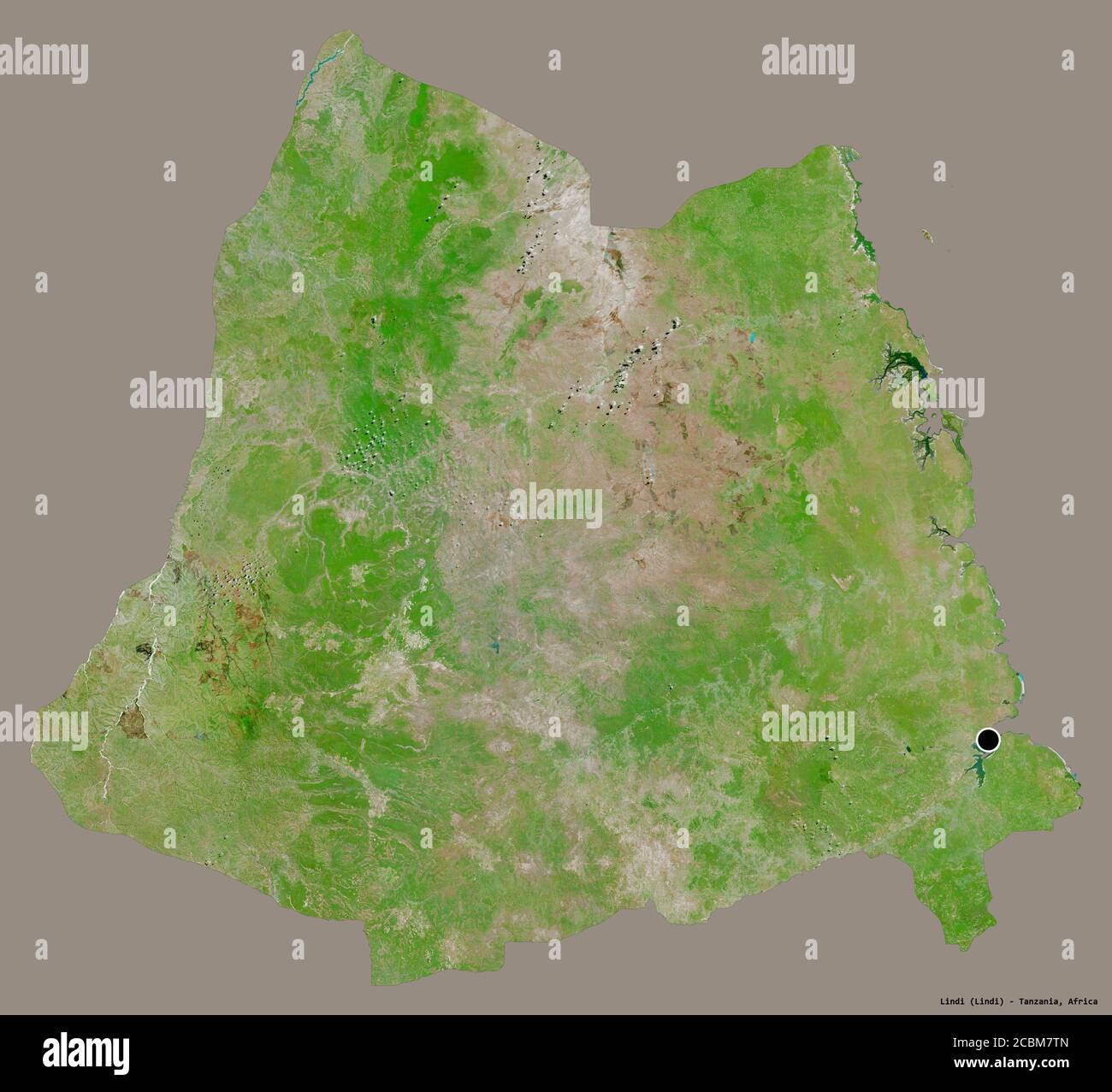 Shape of Lindi, region of Tanzania, with its capital isolated on a ...