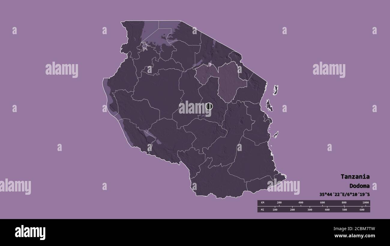 Desaturated shape of Tanzania with its capital, main regional division ...