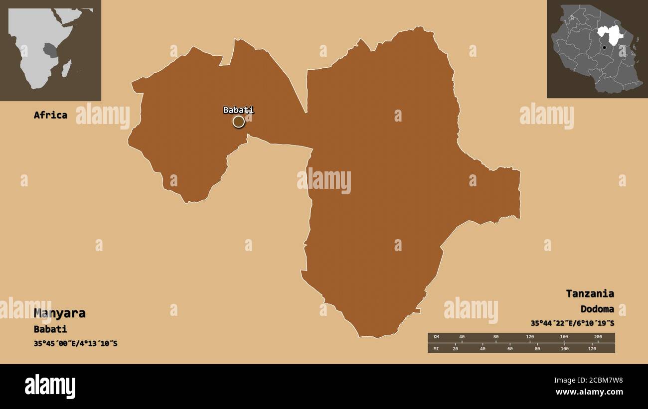 Shape of Manyara, region of Tanzania, and its capital. Distance scale ...