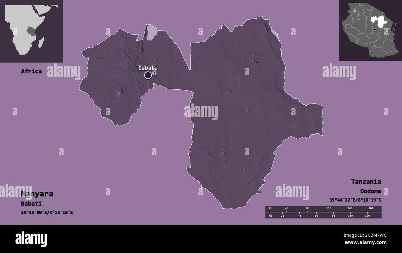 Shape of Manyara, region of Tanzania, and its capital. Distance scale ...