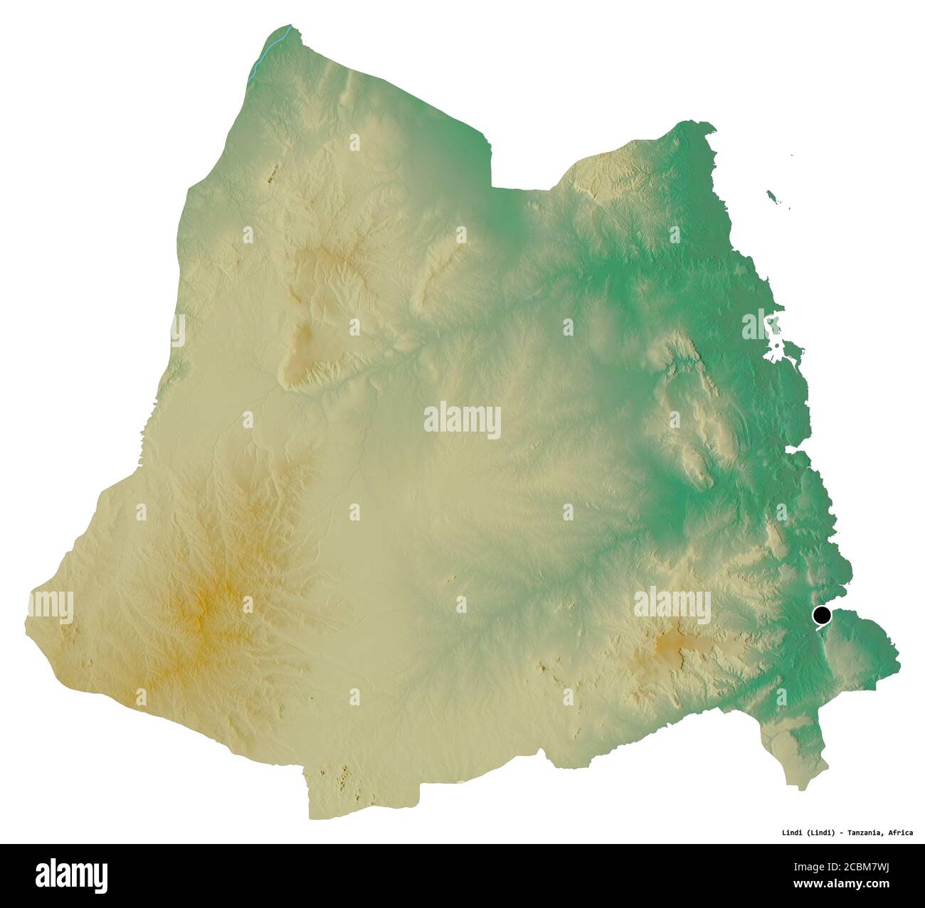 Shape of Lindi, region of Tanzania, with its capital isolated on white ...