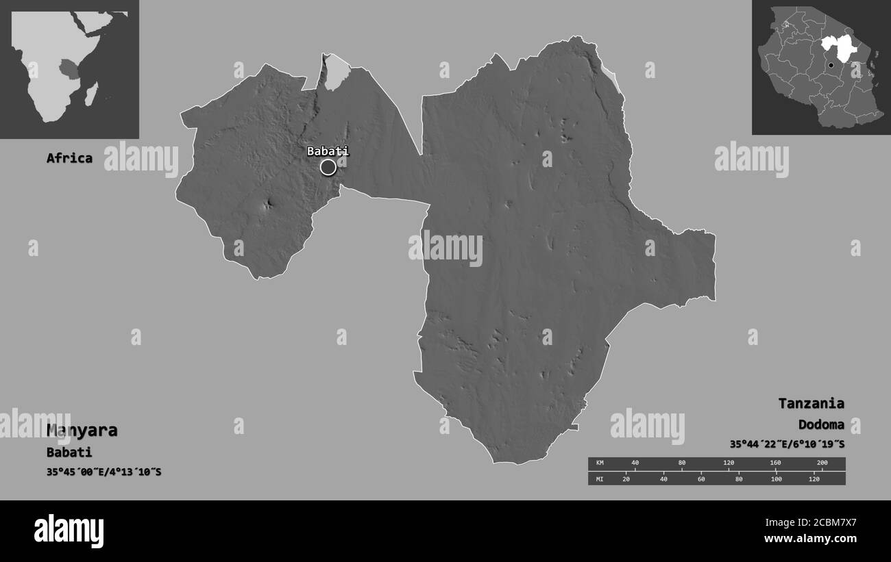 Shape of Manyara, region of Tanzania, and its capital. Distance scale ...