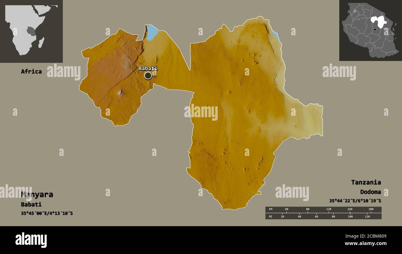 Shape of Manyara, region of Tanzania, and its capital. Distance scale ...